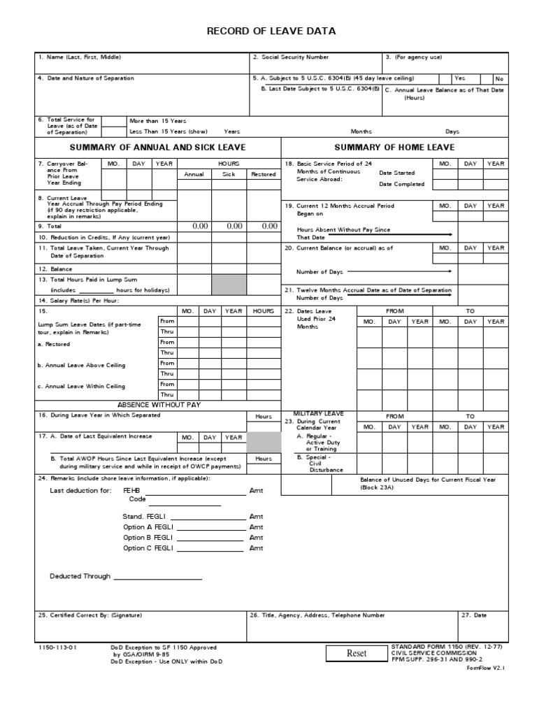 SF 1150 Leave Data Summary | PDF | Sick Leave | Government