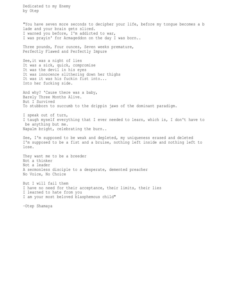 Otep Shamaya Dedicated To My Enemy Poem | PDF