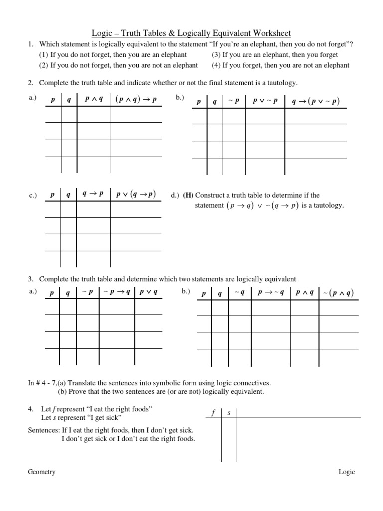 3 - Truth Tables Logically Equivalent Worksheet | PDF | Teaching ...