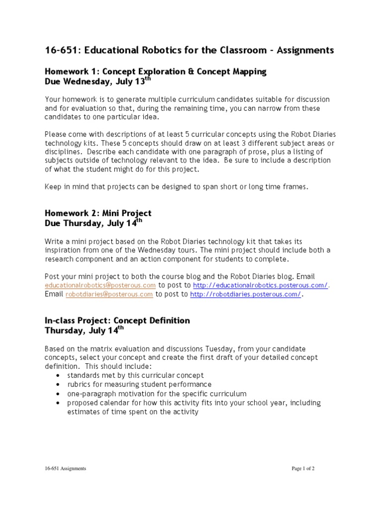 16-651: Educational Robotics For The Classroom - Assignments | PDF ...