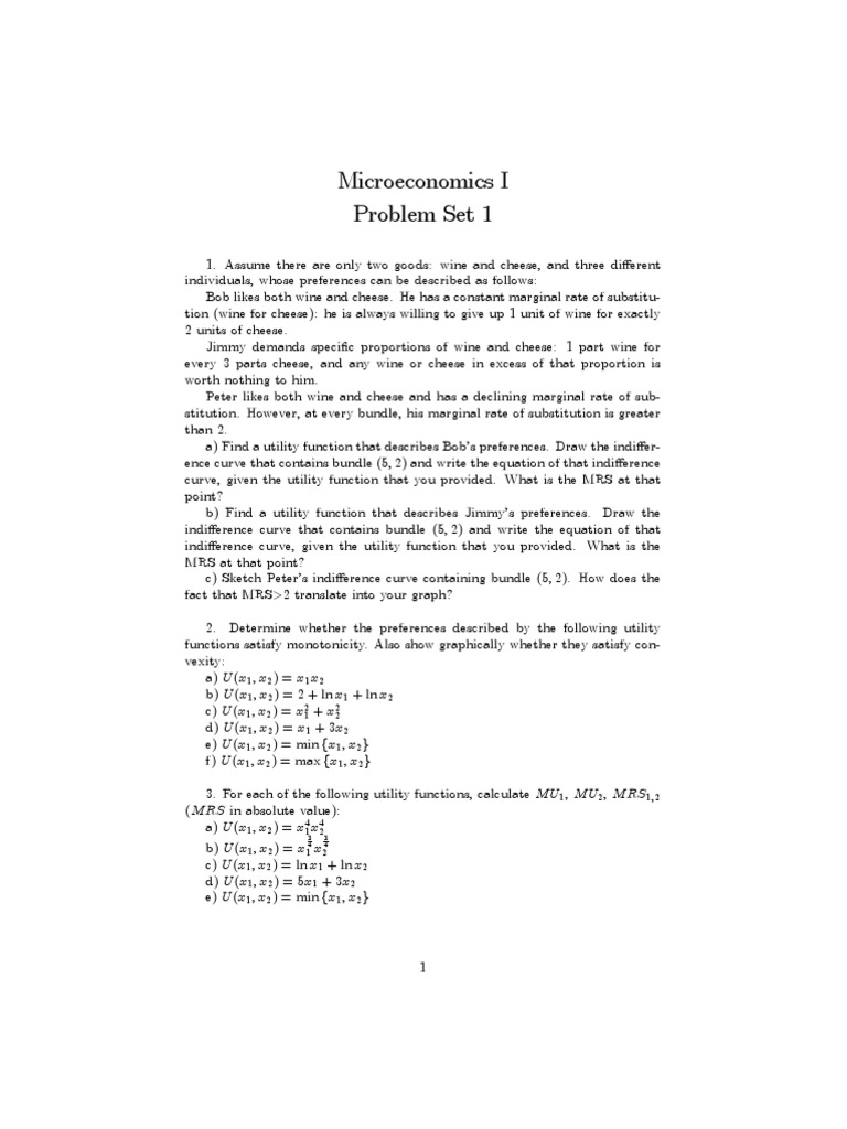 Microeconomics I Problem Set 1 | PDF | Utility | Mathematical Analysis