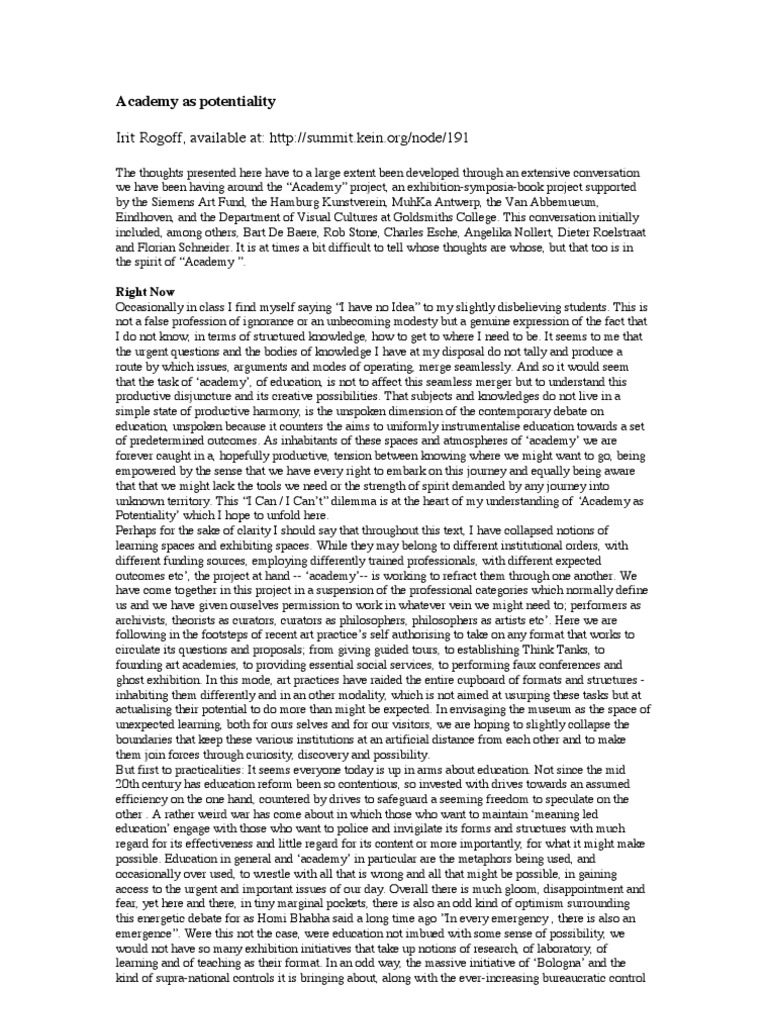 Rogoff - Academy As Potentiality | PDF | Museum | Theory