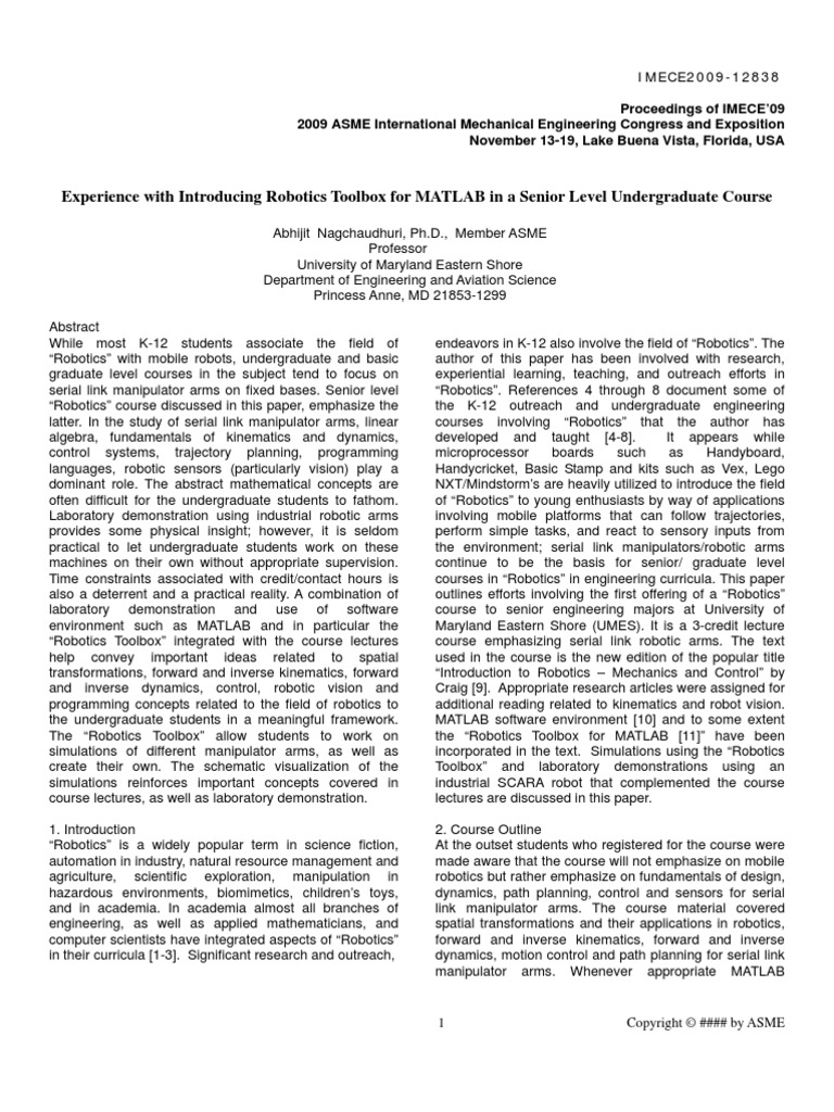 Experience With Introducing Robotics Toolbox For MATLAB in A Senior ...