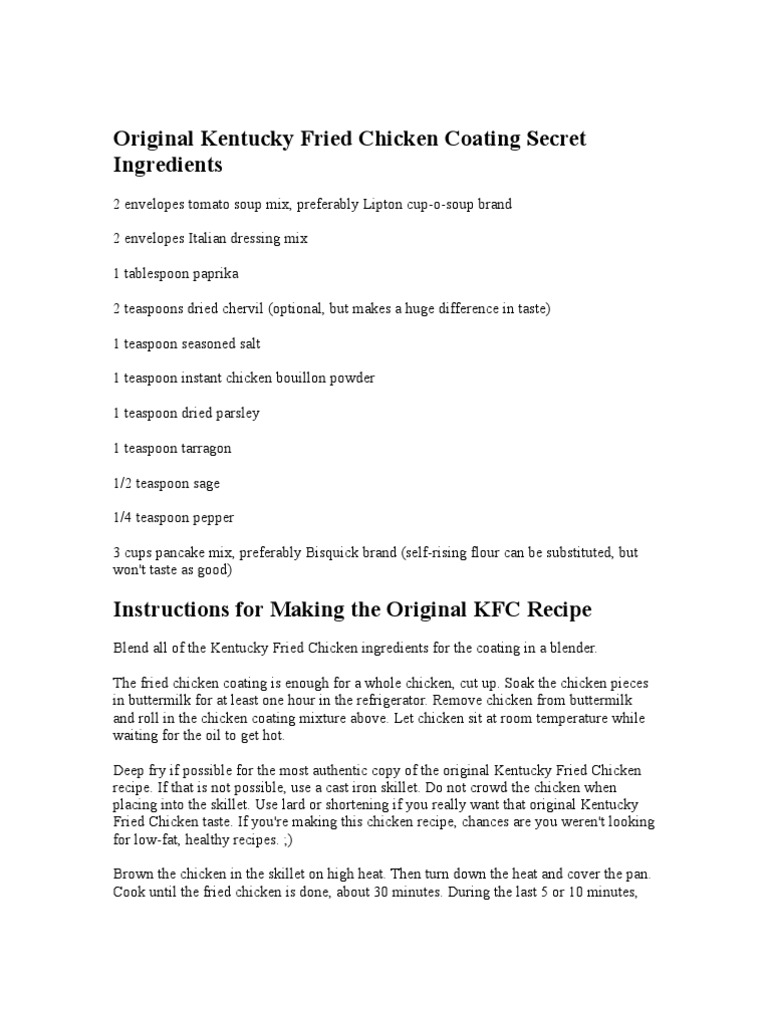 Original Kentucky Fried Chicken Coating Secret Ingredients | PDF ...