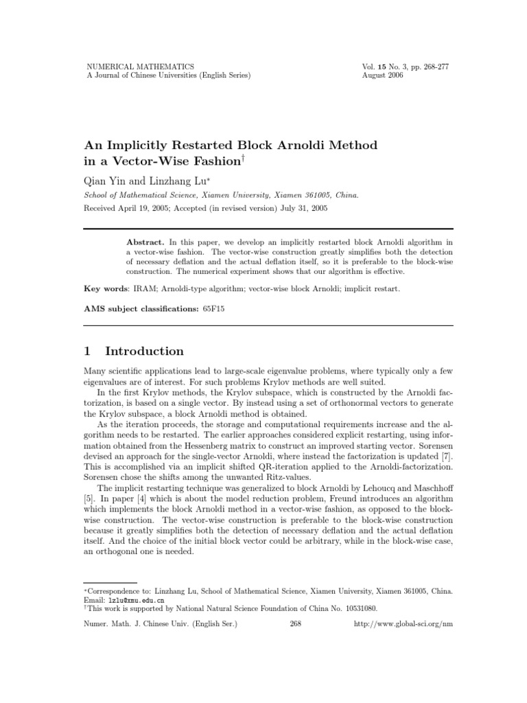 An Implicitly Restarted Block Arnoldi Method in A Vector-Wise Fashion | PDF | Eigenvalues And ...