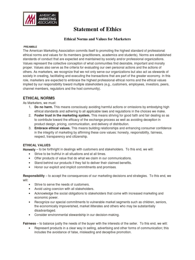 AMA Statement of Ethics | PDF | Value (Ethics) | Marketing