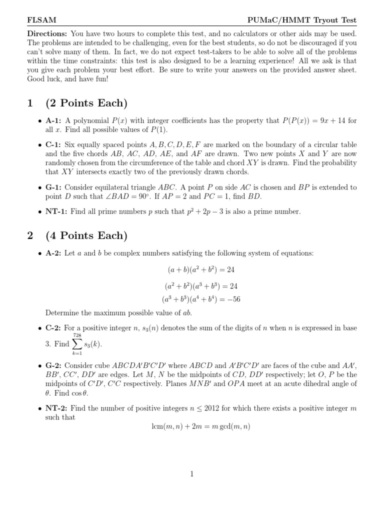 PUMaC/HMMT Tryout | PDF | Prime Number | Elementary Mathematics