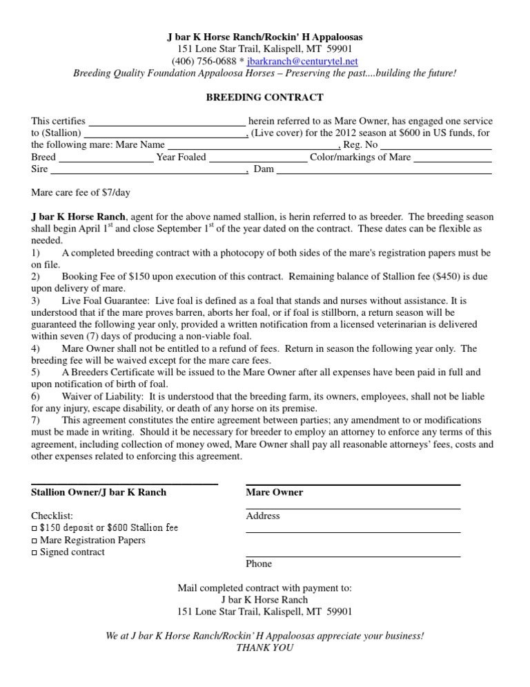 Live Cover Breeding Contract Template | PDF | Horse Breeding | Mare