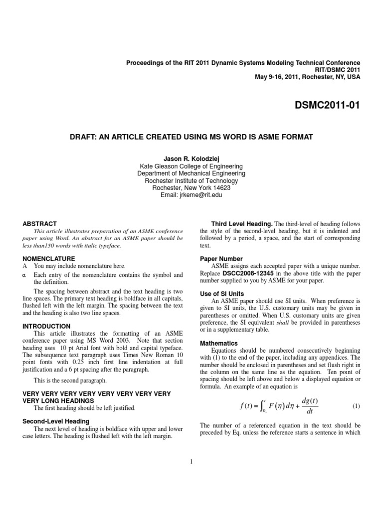 DSMC2011-01: Draft: An Article Created Using Ms Word Is Asme Format ...