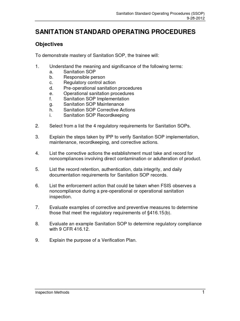 Sanitation Standard Operating Procedures: Objectives | PDF | Sanitation ...
