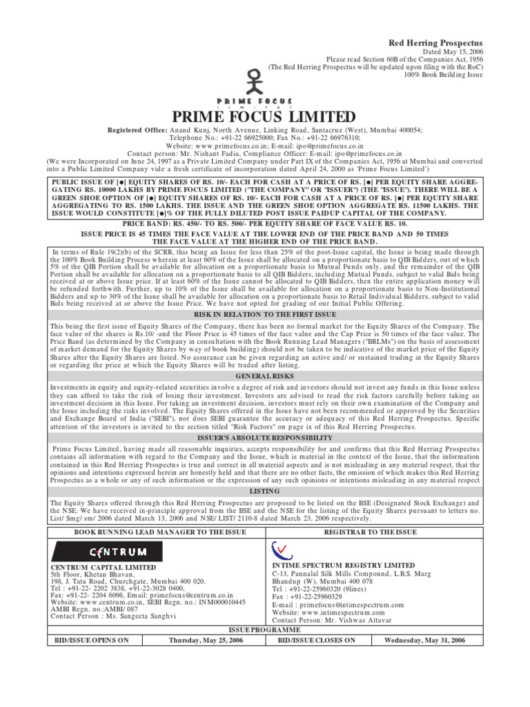 Prime Focus Limited - IPO Prospectus | PDF | Stocks | Securities (Finance)