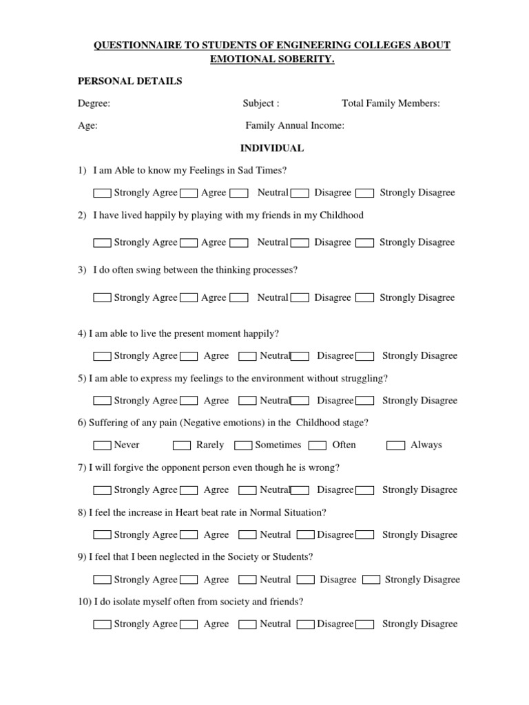 Questionnaire - Emotional Sobriety | PDF | Subjective Experience | Emotions