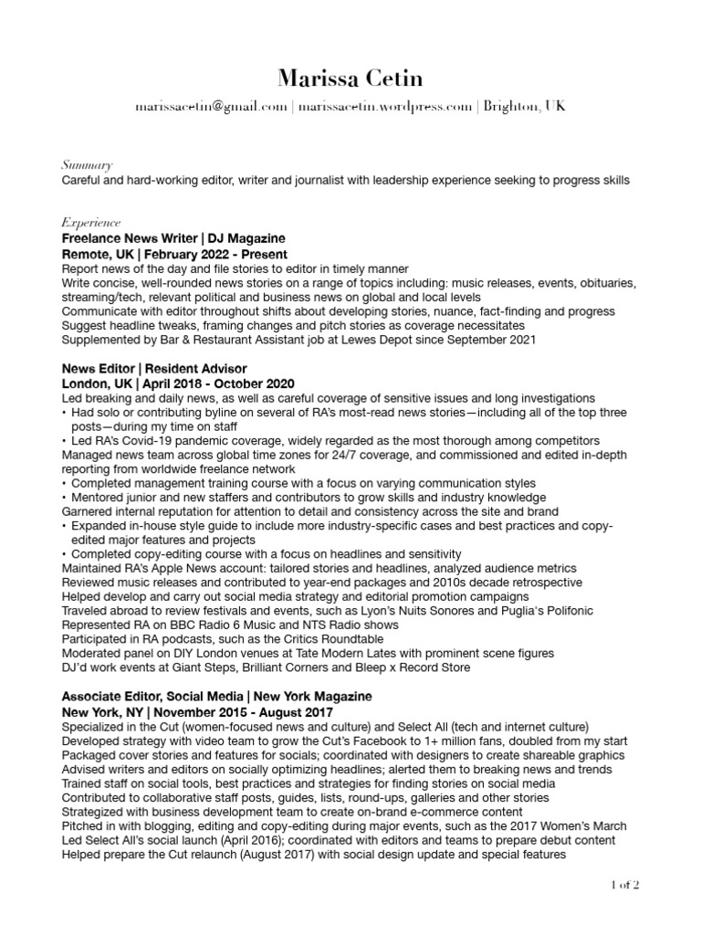 Marissa Cetin - CV/Resume | PDF | News | Editing
