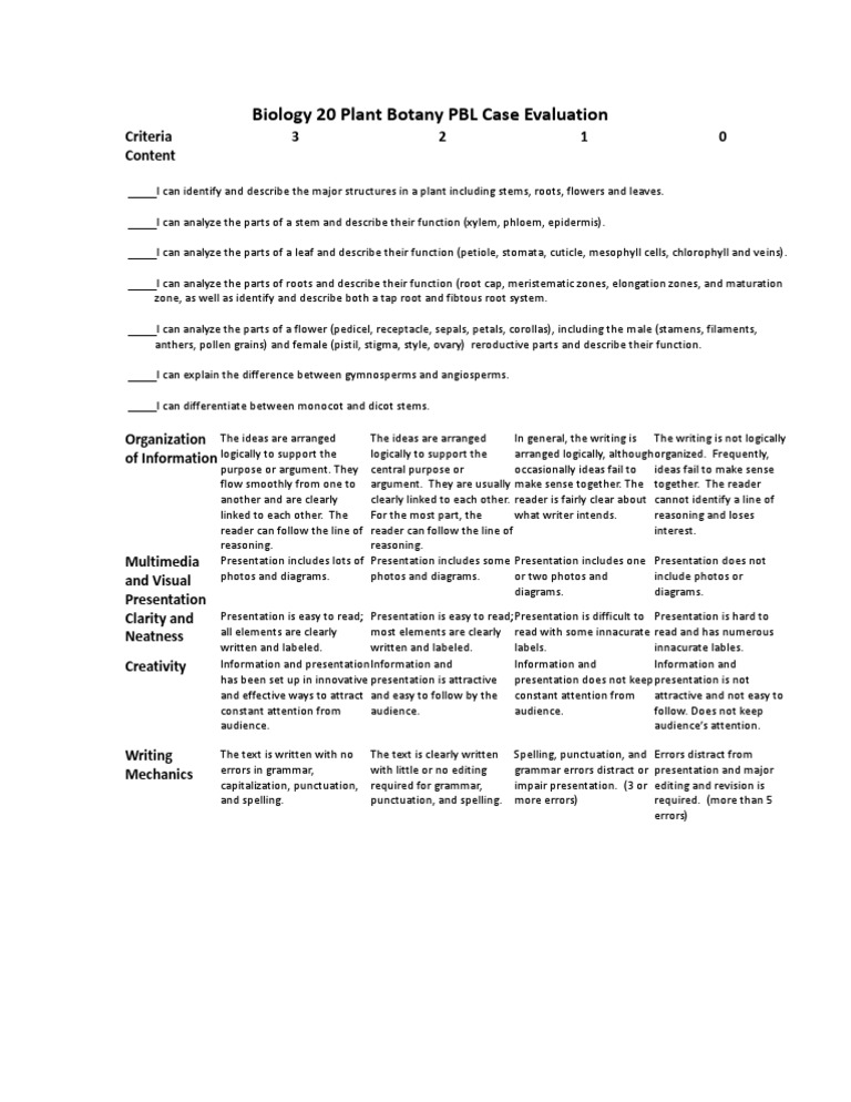 Biology 20 Plant Botany Rubric | PDF | Petal | Plant Stem
