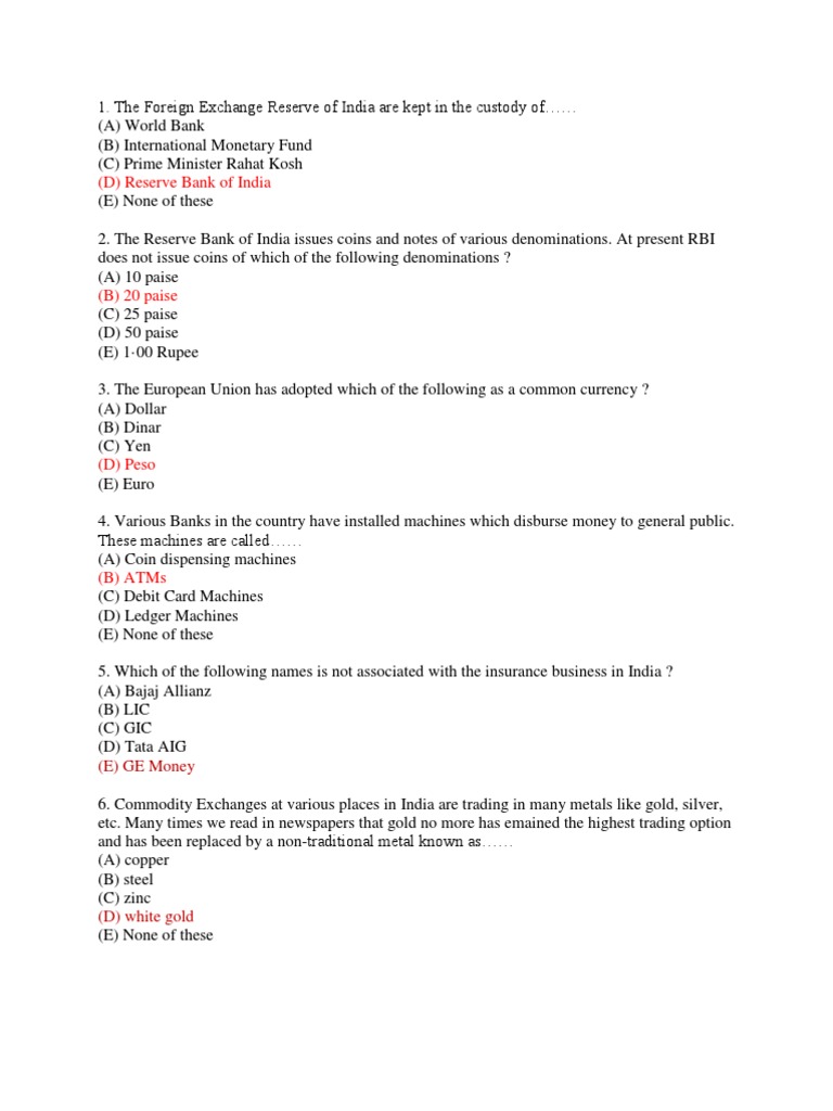 Banking MCQ | PDF | Money | Euro