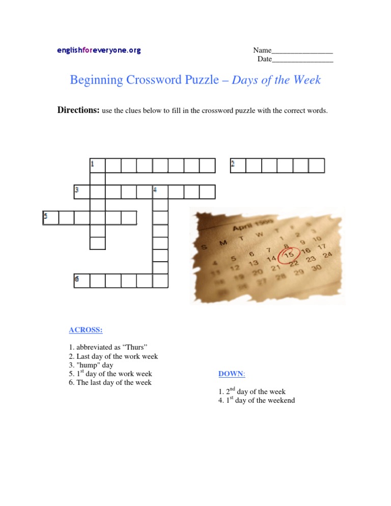 Beginning Crossword Puzzle - Days of The Week | PDF