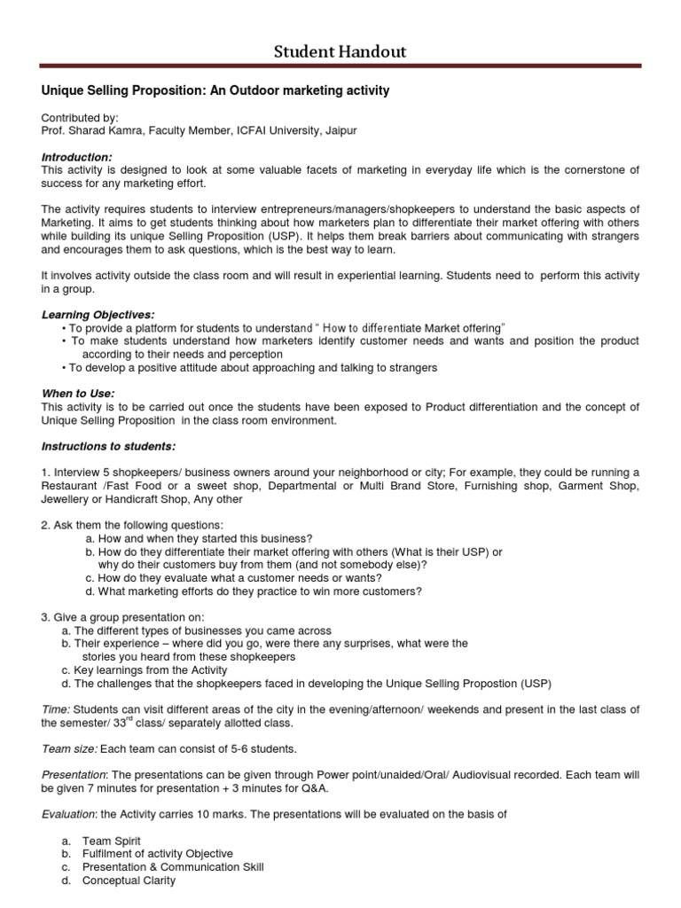 USP Outdoor Activity | Download Free PDF | Marketing | Business