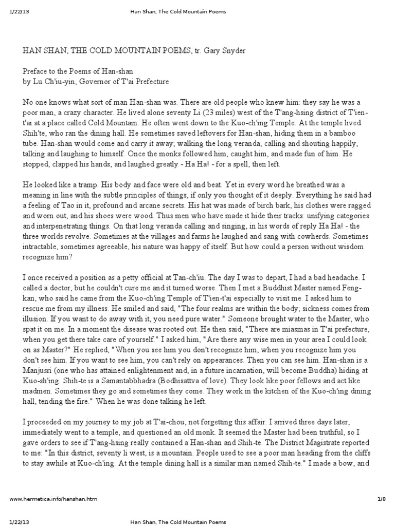 Han Shan, The Cold Mountain Poems | PDF | Religion And Belief | Nature