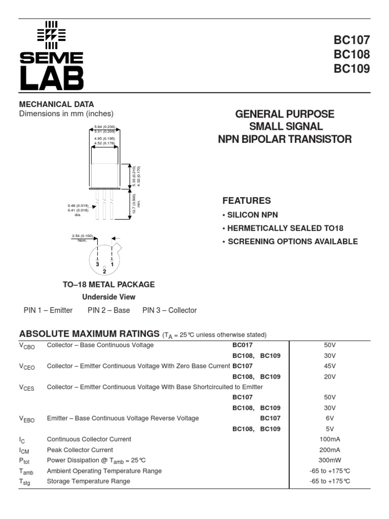 bc107 Data Sheet (Seme Semiconductors) | PDF | Bipolar Junction ...