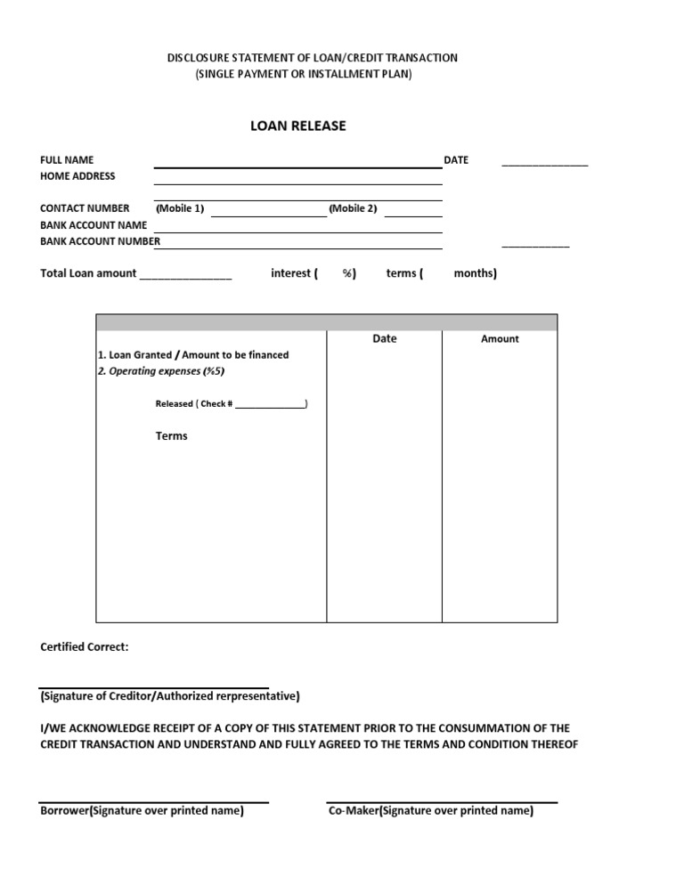 Loan/Credit Transaction Disclosure Form | PDF | Law