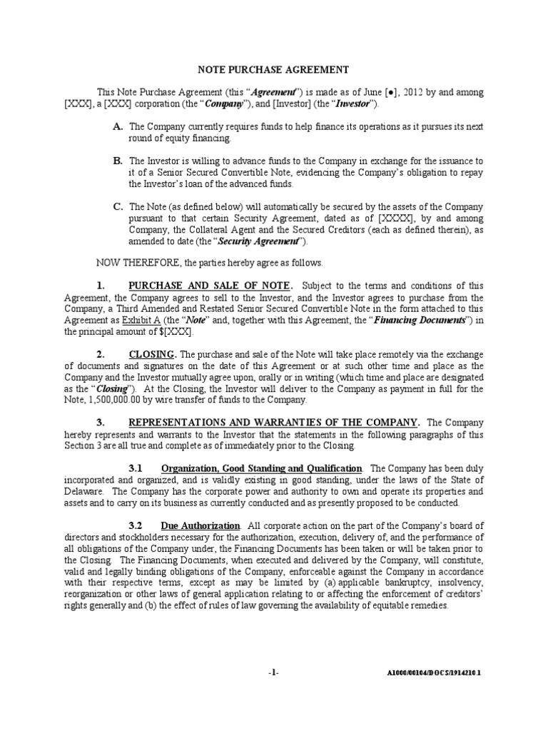 Note Purchase Agreement | PDF | Securities Act Of 1933 | Securities ...