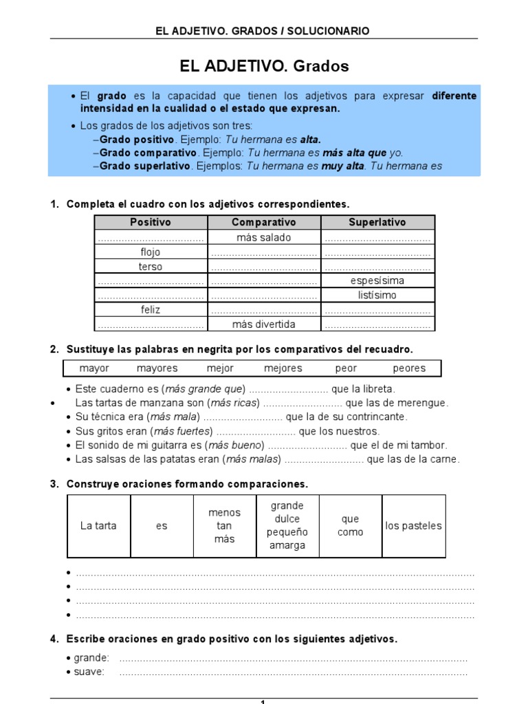 Grados de Adjetivos: Ejercicios y Ejemplos | PDF