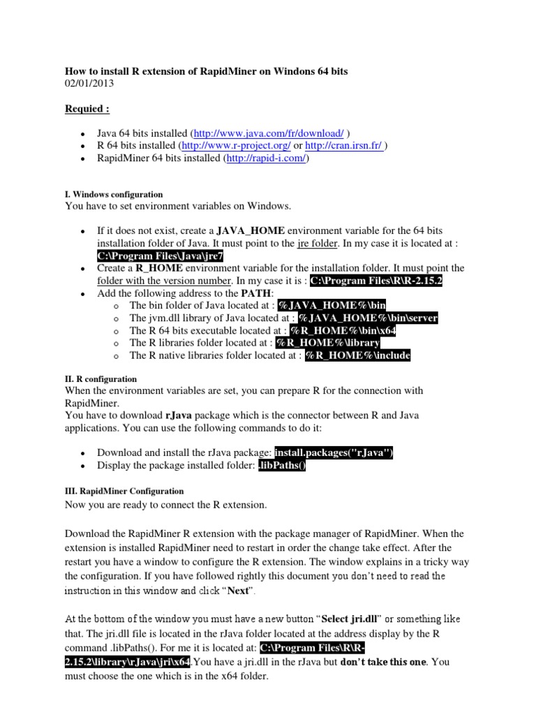How To Install R Extension Of Rapidminer On Windons 64 Bits Pdf Library Computing Java