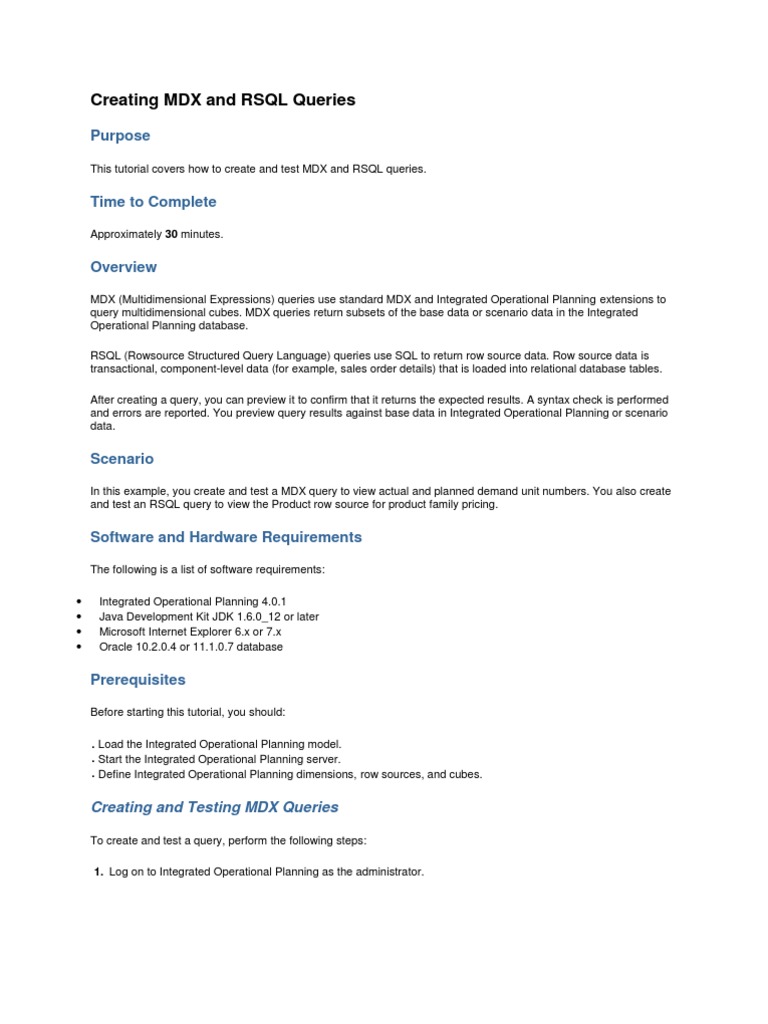 Creating And Testing Mdx And Rsql Queries For Multidimensional And Transactional Data Analysis