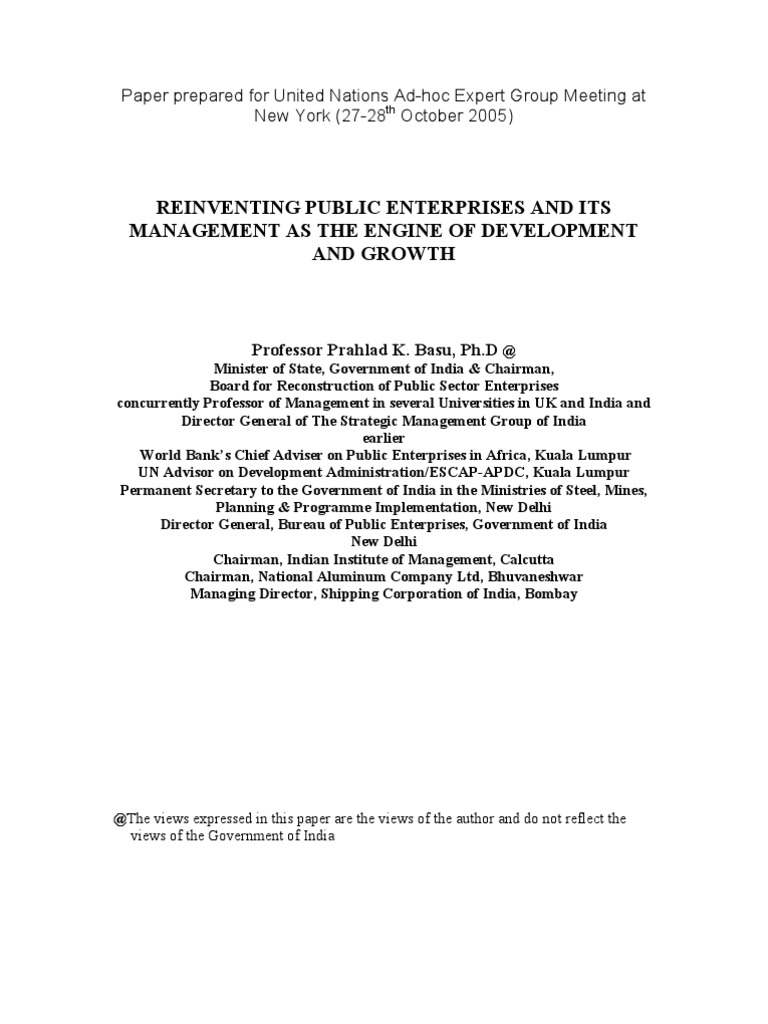 Basu (2005) Reinventing Public Enterprises and Its Management As The Engine of Development and ...
