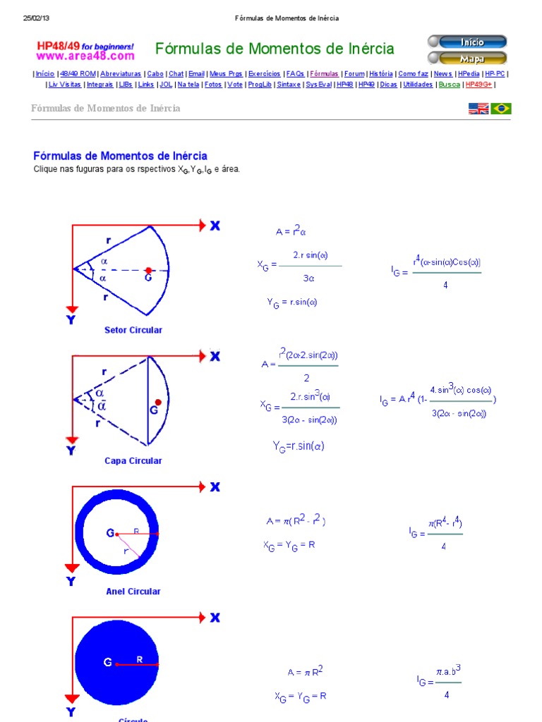 Fórmulas de Momentos de Inércia | PDF
