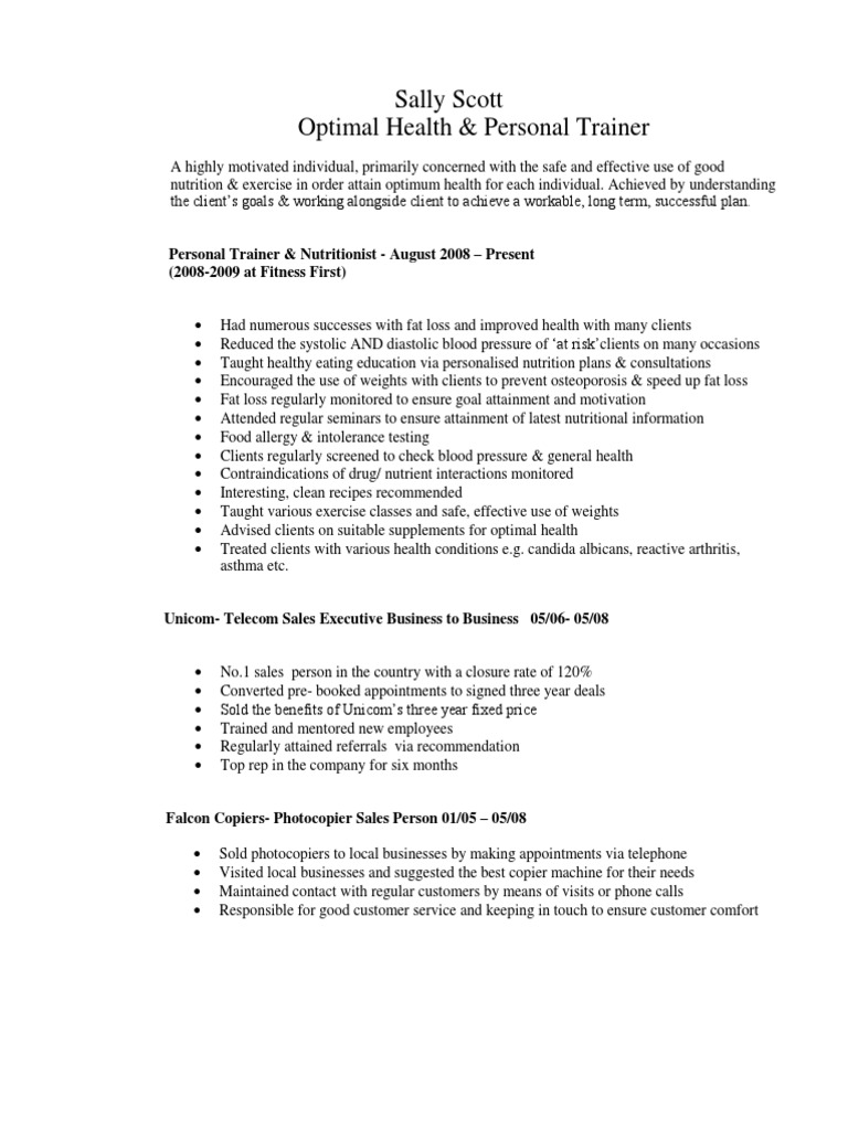 Sally Scott CV | PDF | Personal Trainer | Nutrition