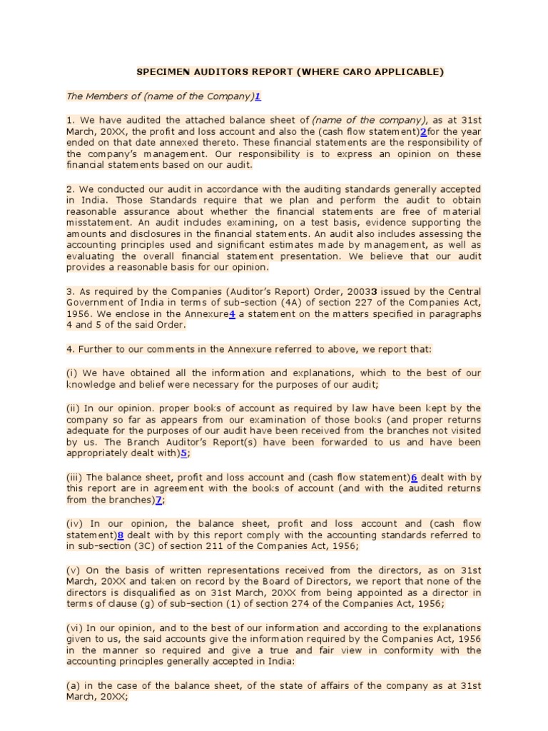 Specimen Auditors Report With Caro | PDF | Auditor's Report | Audit