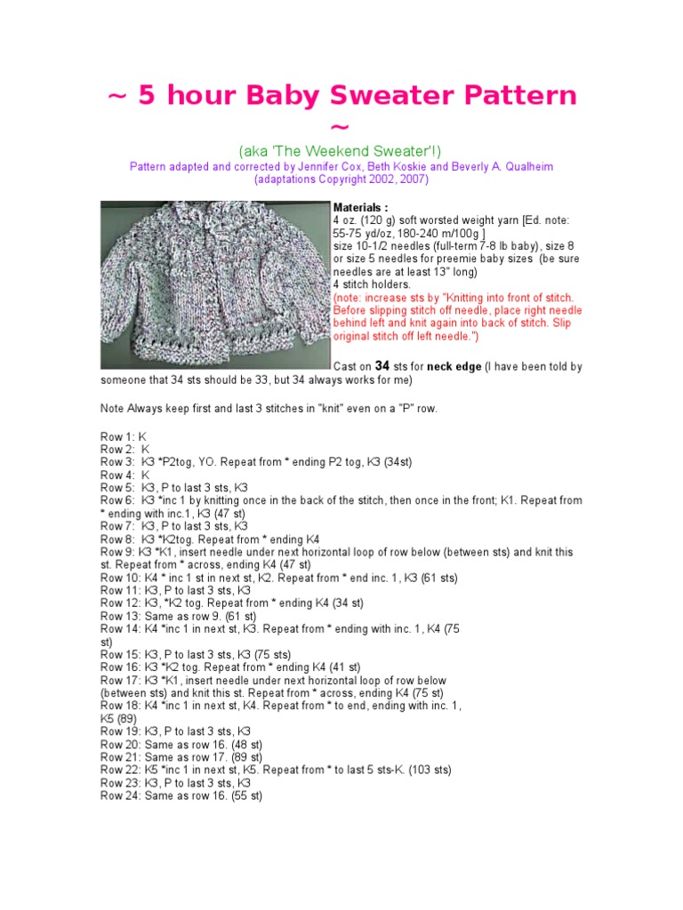 5 Hour Knitted Baby Sweater Pattern | PDF | Knitting | Handicrafts