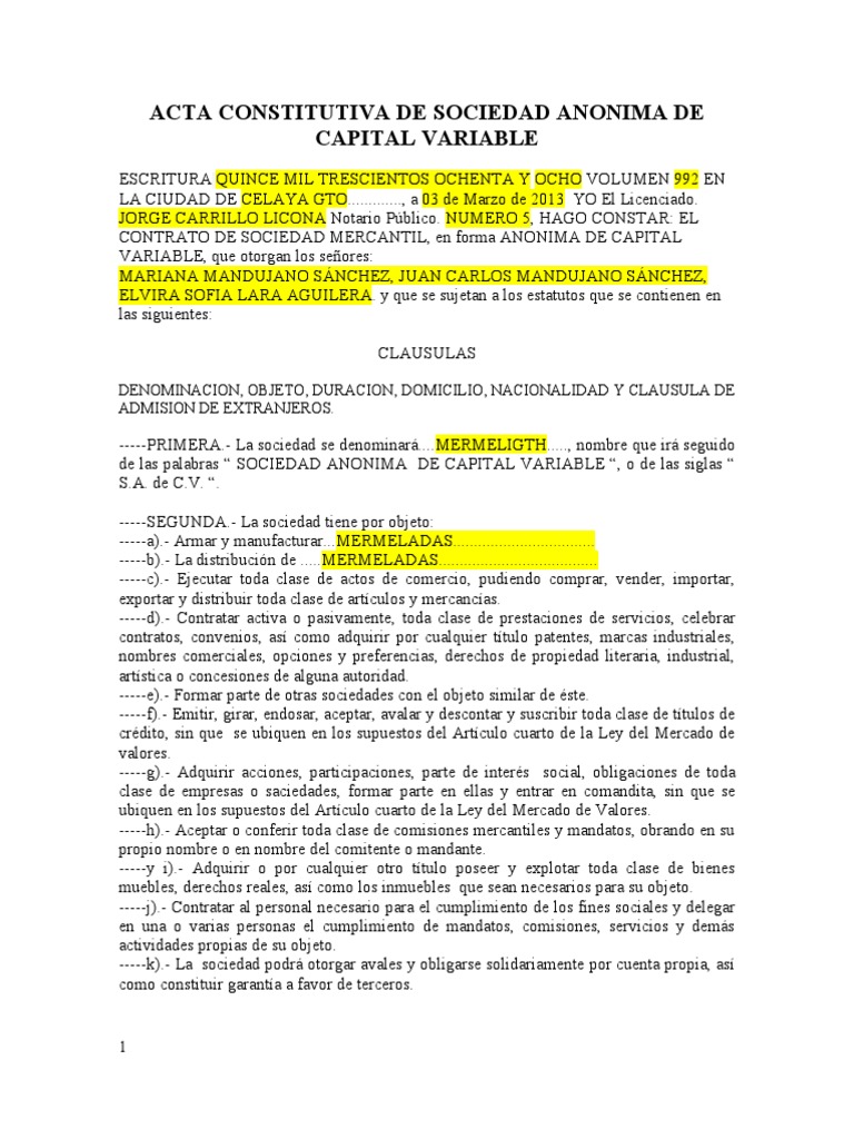 Modelo de Acta Constitutiva de Sociedad Anonima de Capital Variable 2 | PDF | Liquidación ...