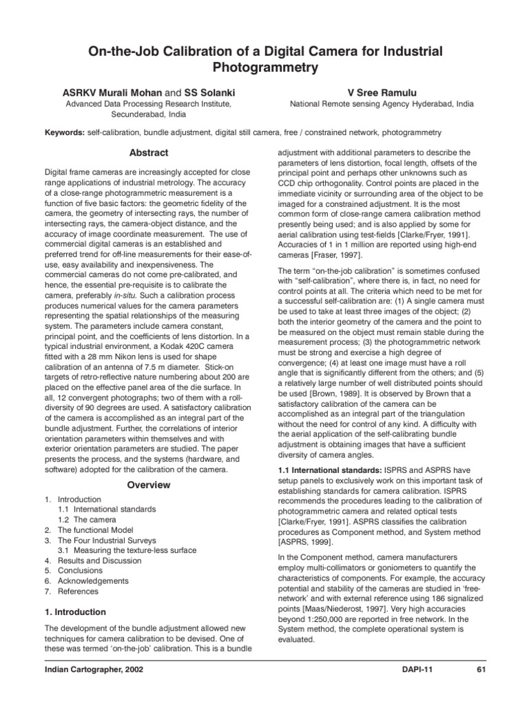On-the-Job Camera Calibration in Photogrammetry | PDF | Camera ...