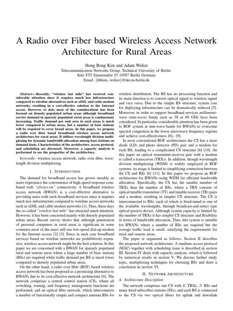 An Efficient Radio over Fiber Architecture for Dynamic Bandwidth Allocation in Rural Wireless ...