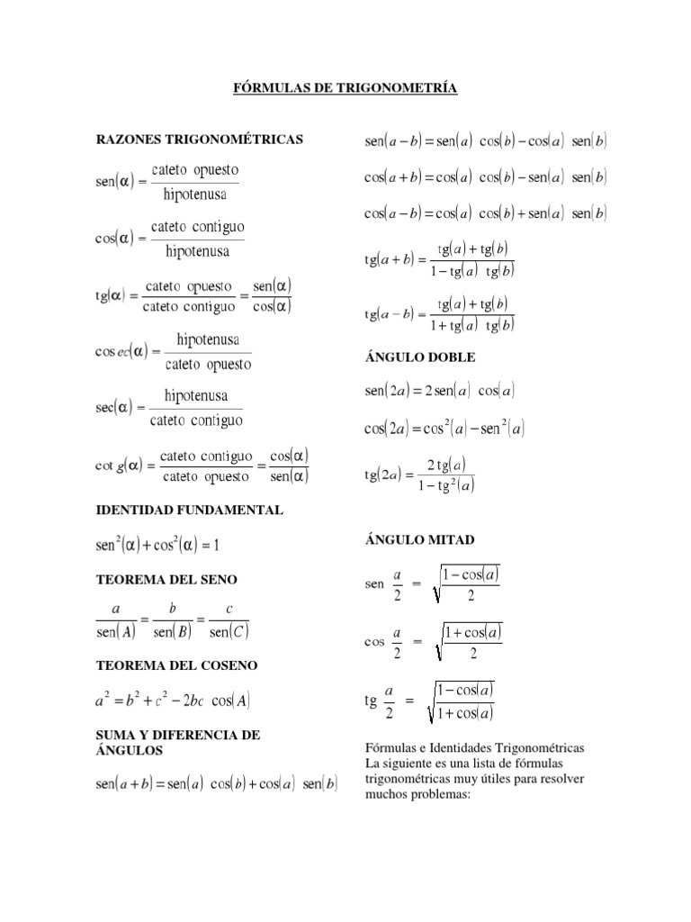 Fórmulas de Trigonometría | PDF