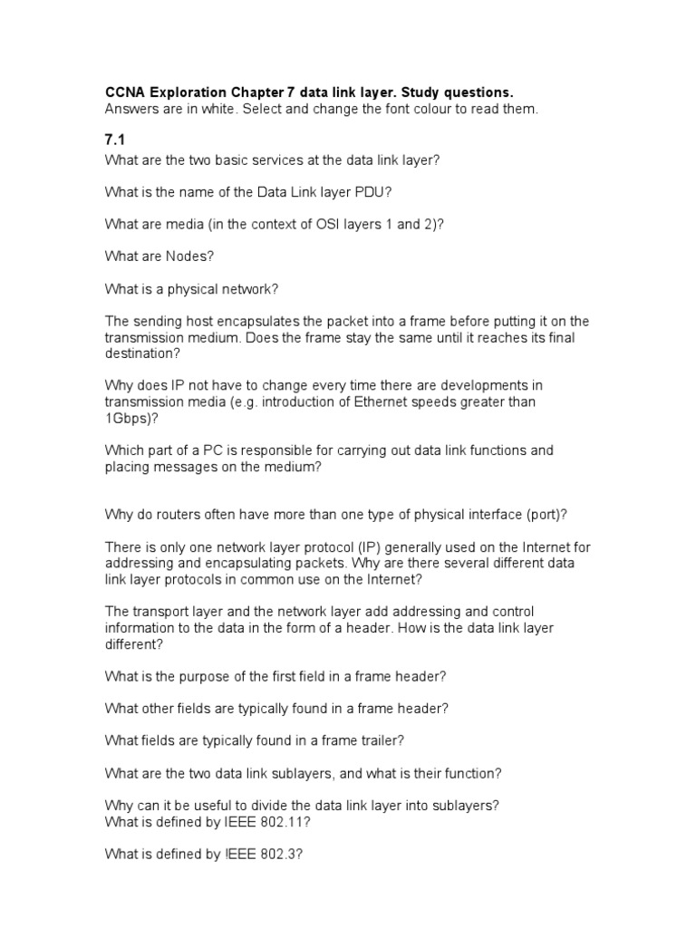 Chap 7 Data Link Layer Study Questions | PDF | Network Topology | Ethernet