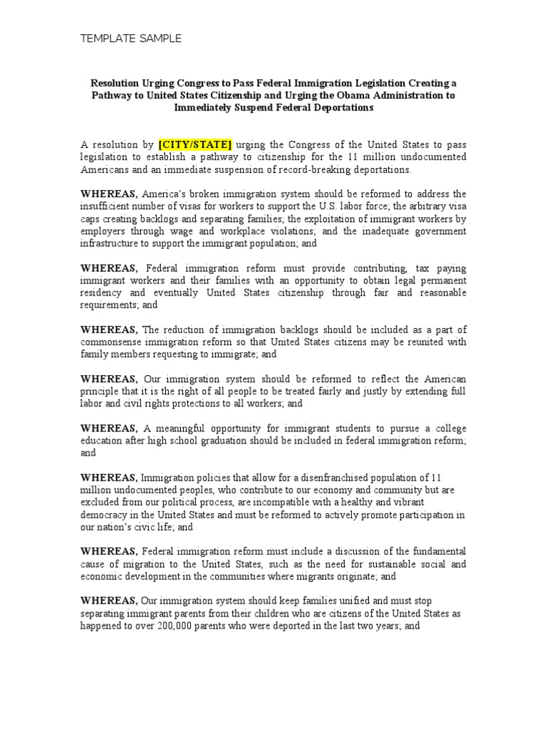 Municipal Resolution For CIR | PDF | Immigration Reform | Citizenship ...