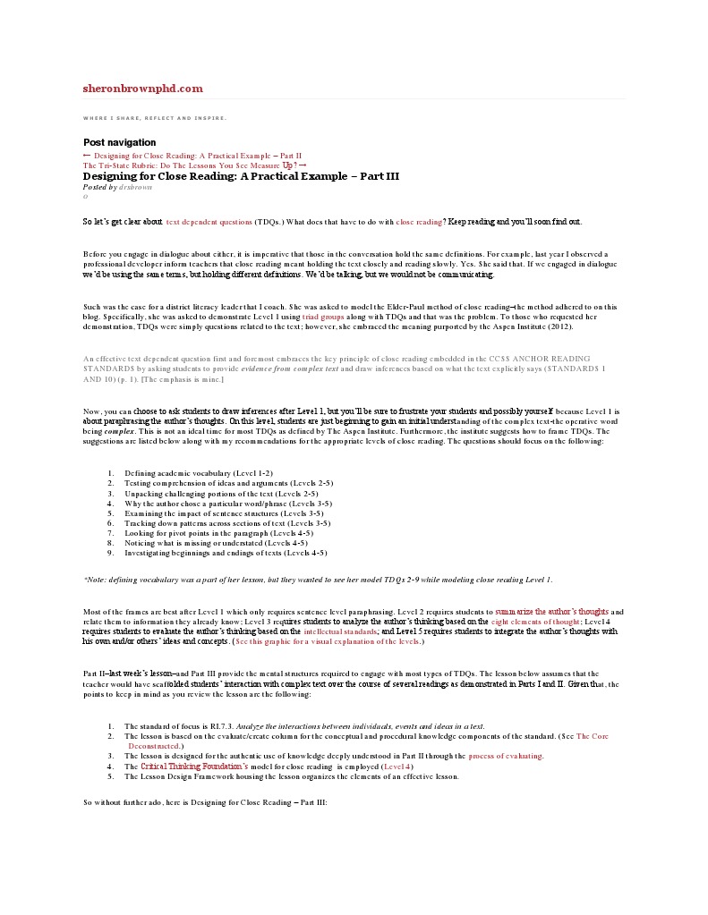 Close Reading and Text Dependent Questions | PDF | Educational ...