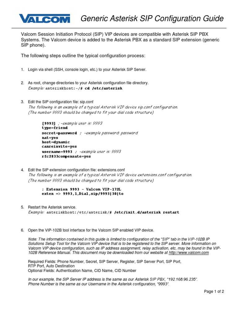 Asterisk SIP Setup for Valcom Devices | PDF | Session Initiation ...