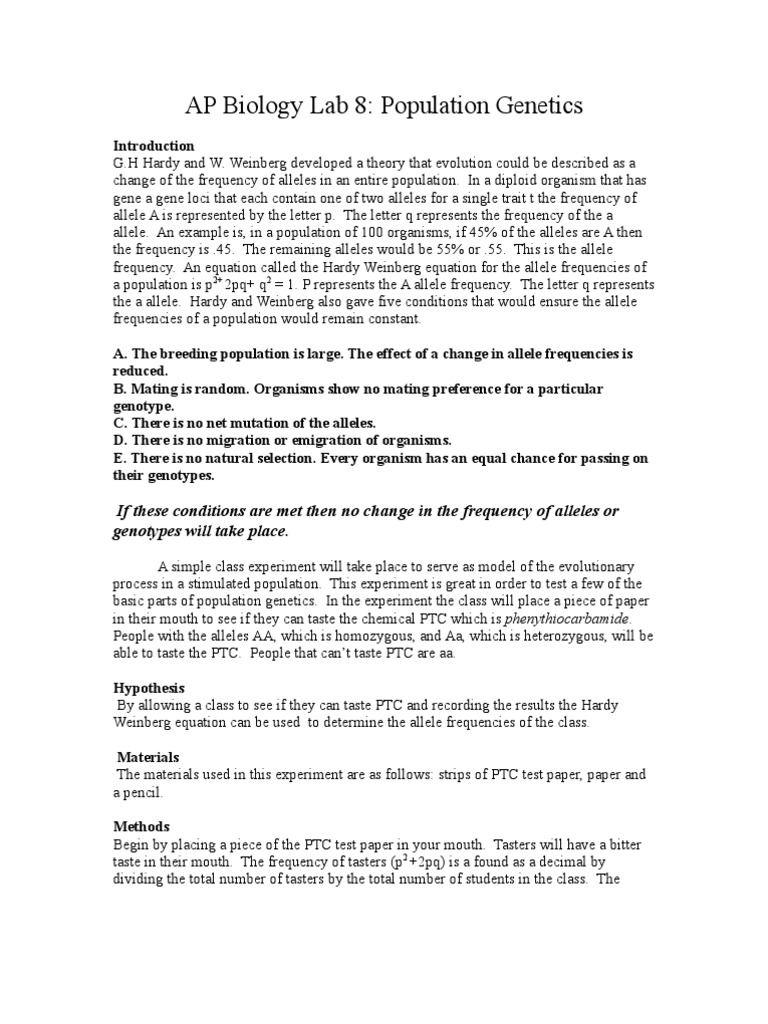 AP Bio Lab 8: Population Genetics Insights | PDF | Zygosity | Allele