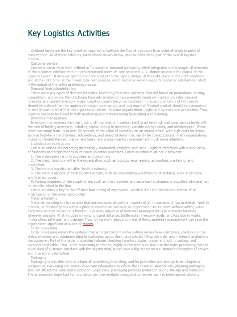 Key Activities in Logistics Management | PDF | Logistics | Inventory
