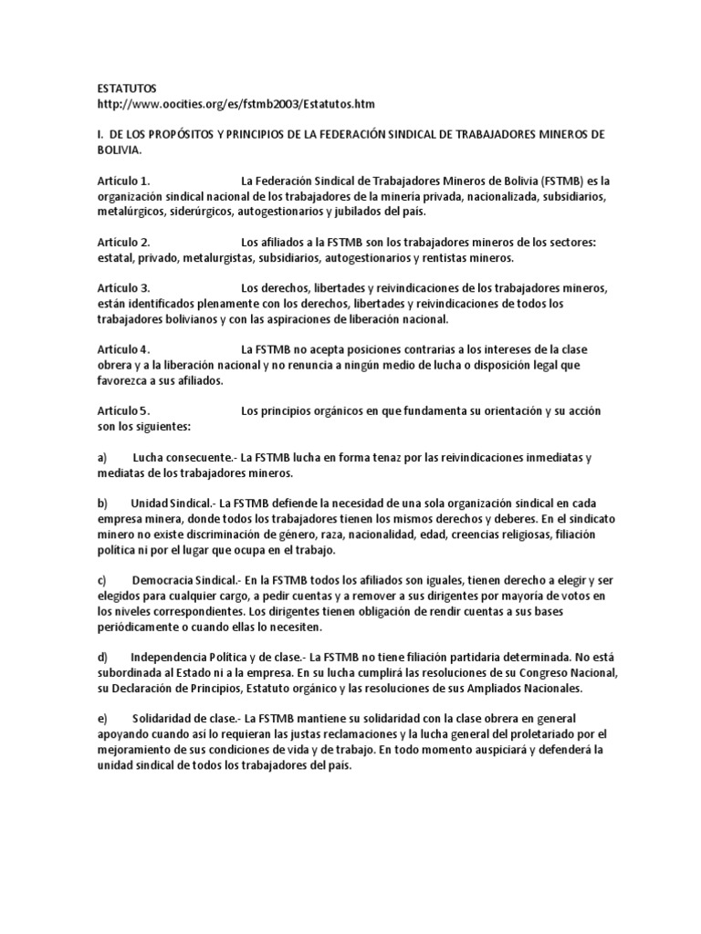 Estatutos FSTMB | PDF | Sindicato | Bolivia