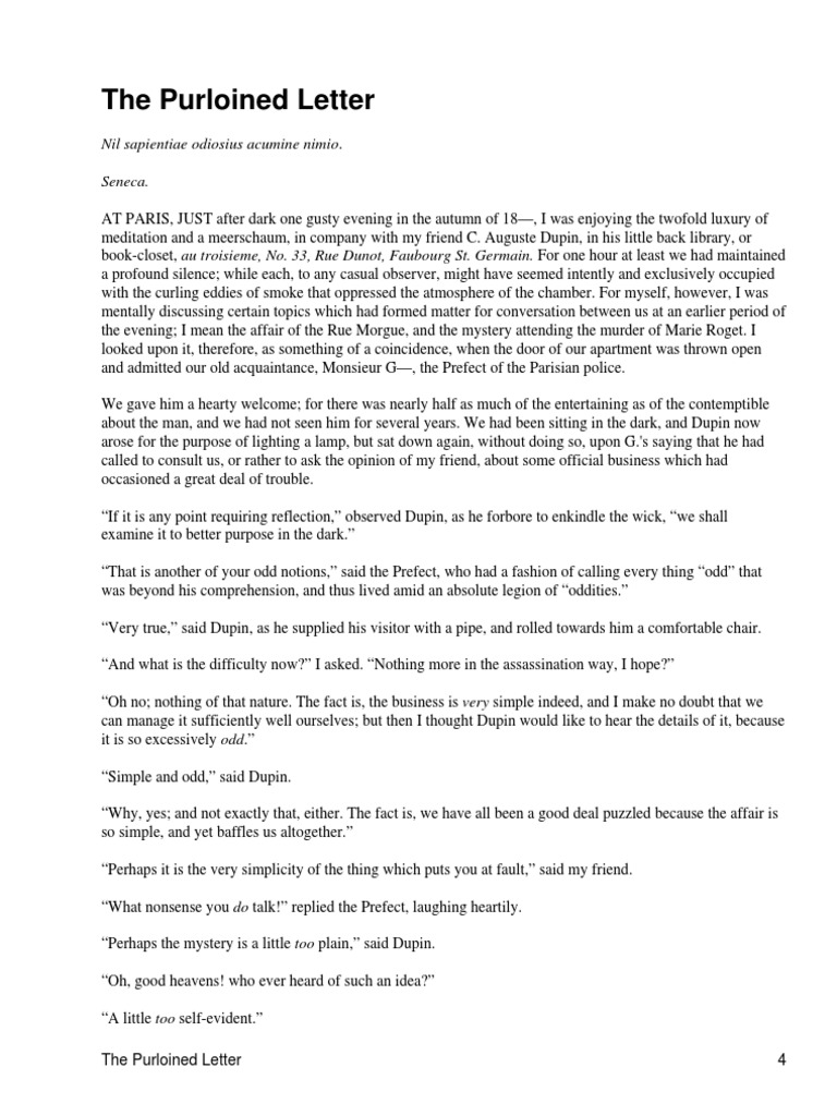 The Purloined Letter | PDF | C. Auguste Dupin | Truth