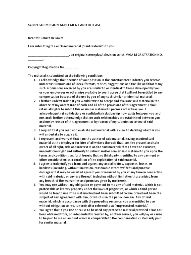 Script Submission Agreement and Release | PDF | Arbitration ...