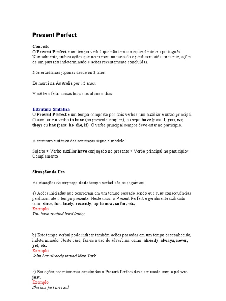 Present Perfect: Conceito, Estrutura e Situações de Uso | PDF | Tempo ...