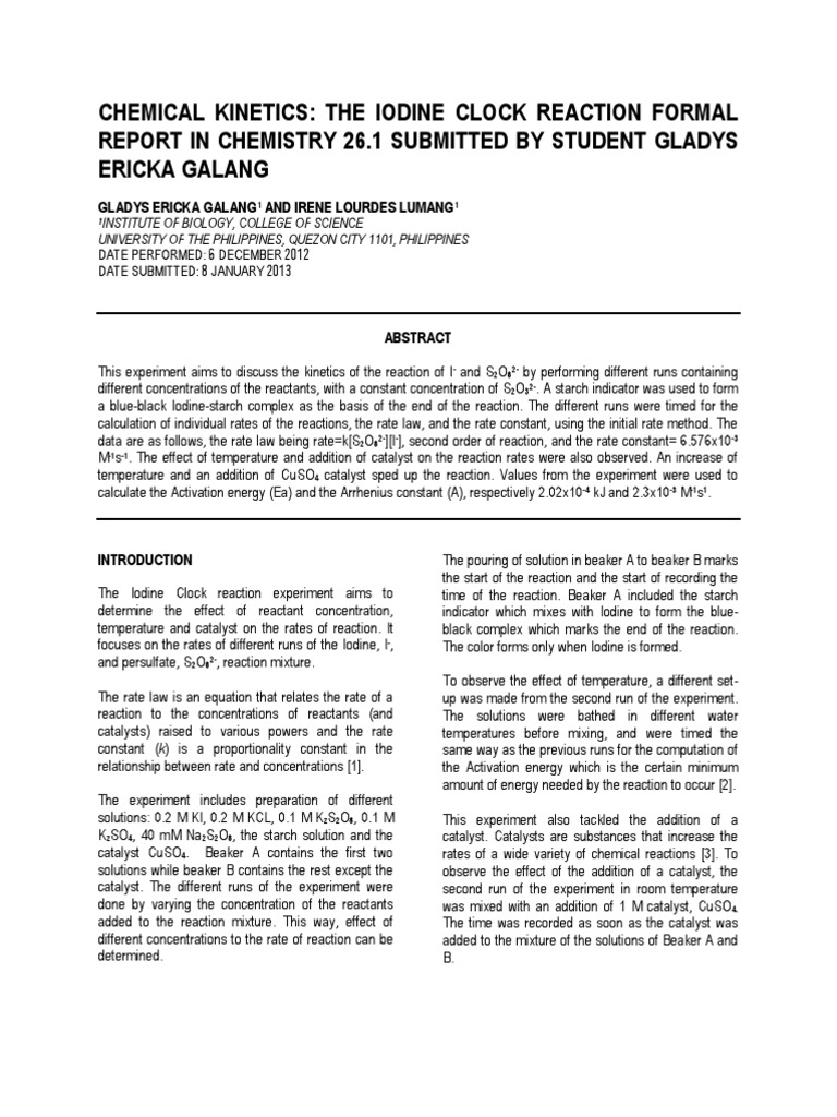 Chem 26.1 Experiment 3 The Iodine Clock Reactions Formal Report | PDF ...