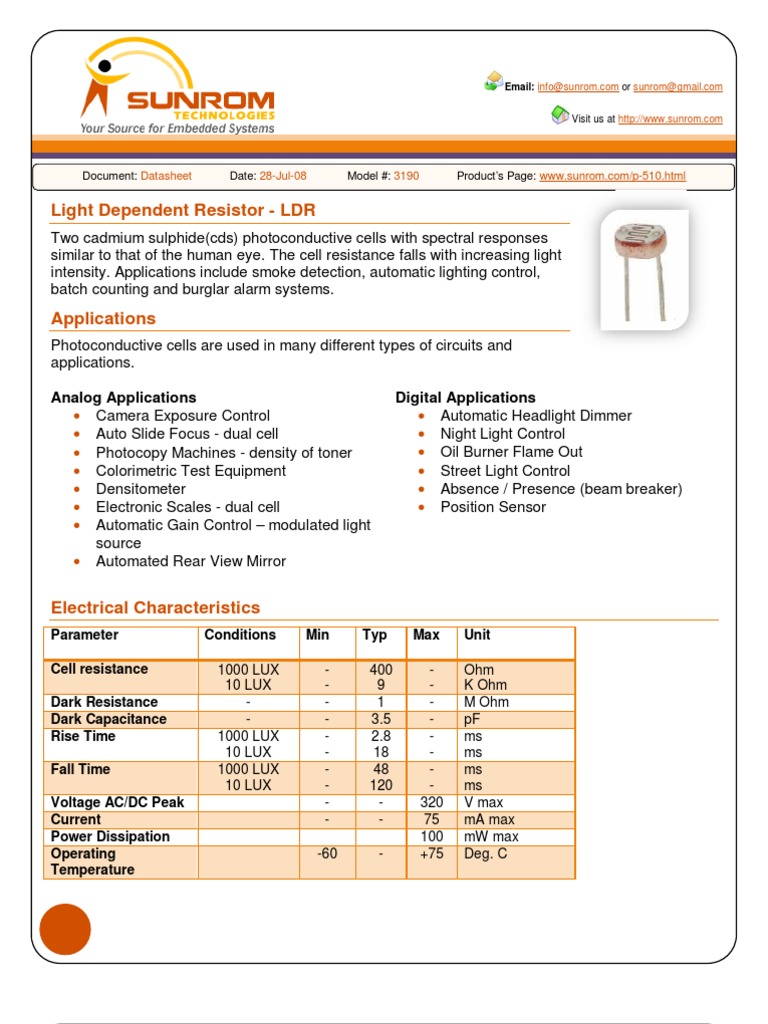 LDR Datasheet | Electrical Resistance And Conductance | Lighting