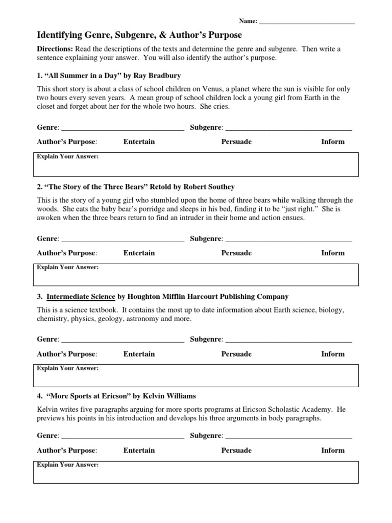 Genre and Authors Purpose Worksheet | PDF | Twilight (Novel Series)